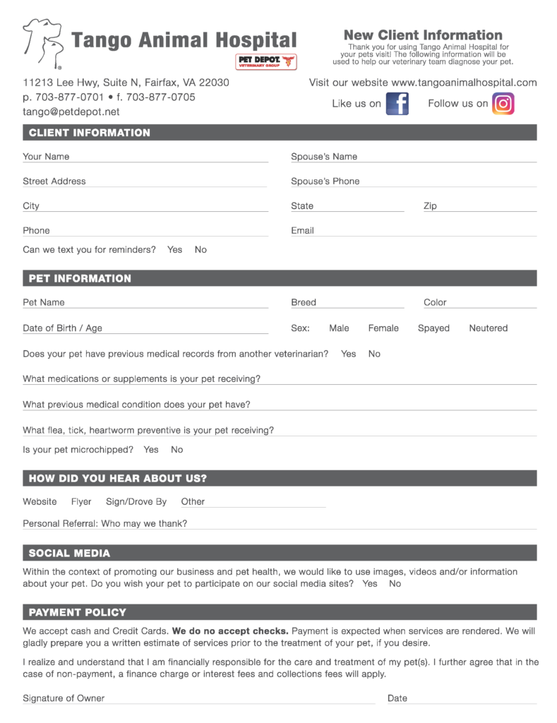 New Client Forms - Tango Animal Hospital